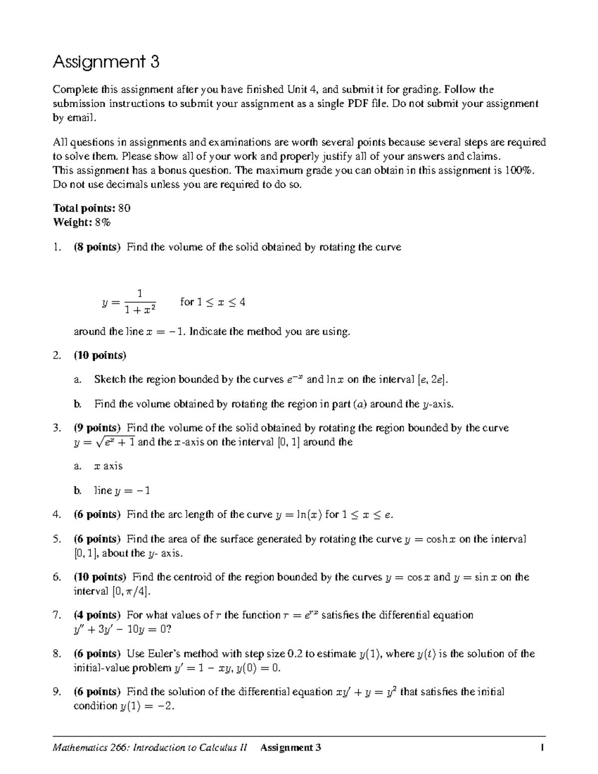 Mathematics 266: Intro to Calculus II - Assignment 3 Guidelines - Studocu