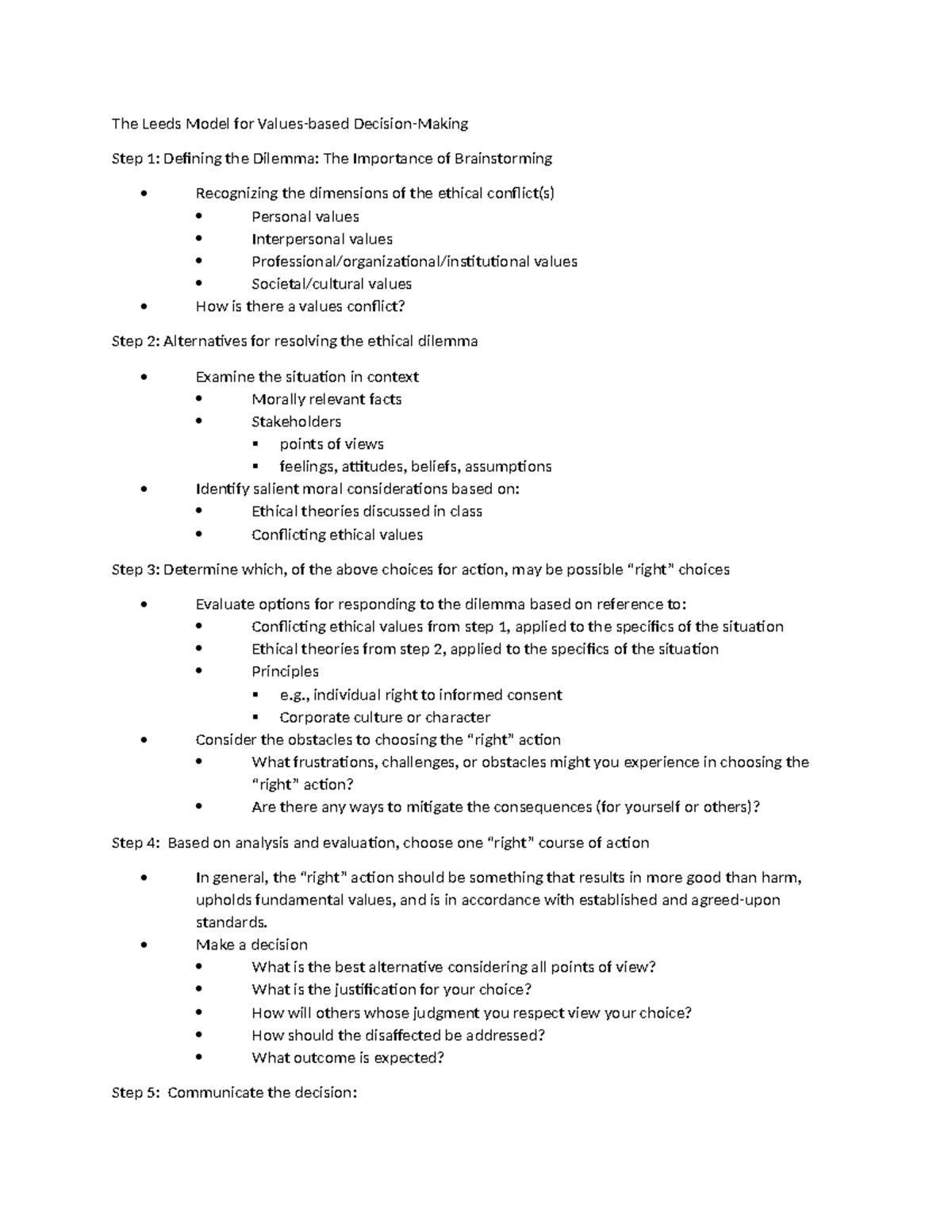 The Leeds Model for Values-Based Decision Making Steps Explained - Studocu
