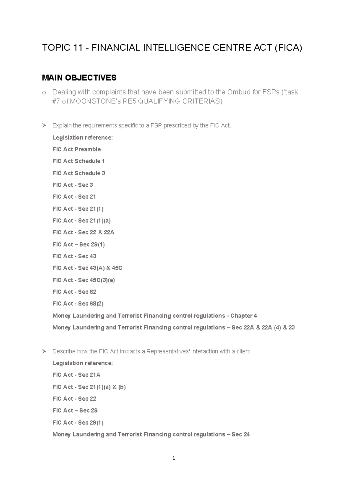 Topic 11: Financial Intelligence Centre Act (FICA) - Key Objectives and ...