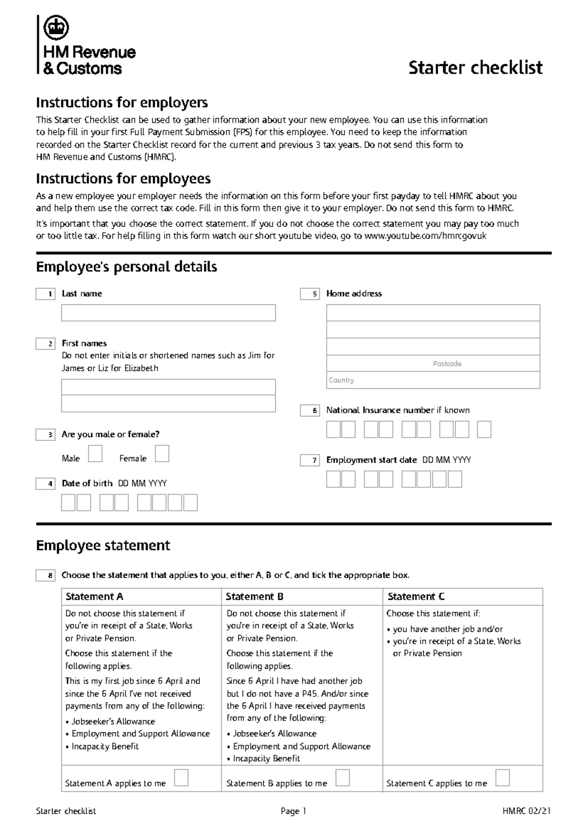 HMRC Starter Checklist P46 for New Employees 2021-2022 - Studocu