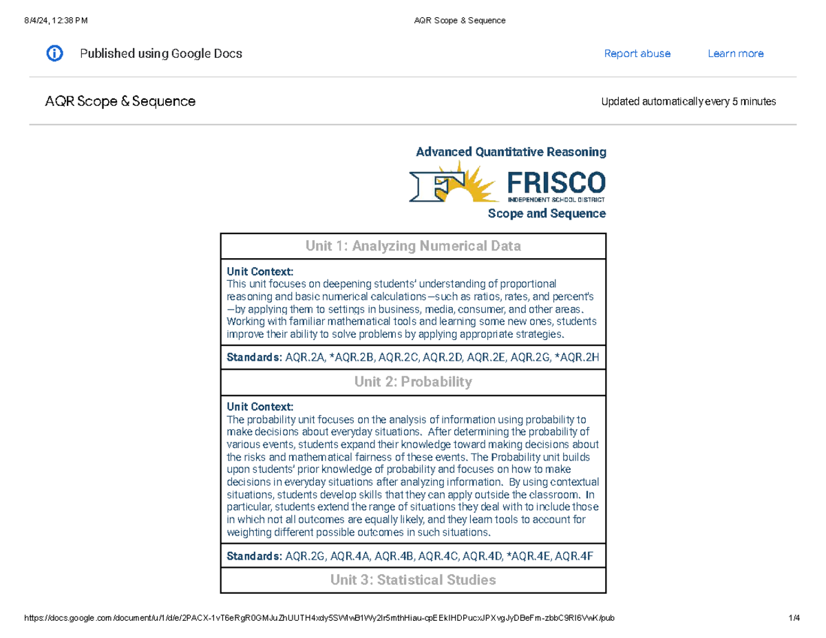 AQR Scope & Sequence: Advanced Quantitative Reasoning Units - Studocu