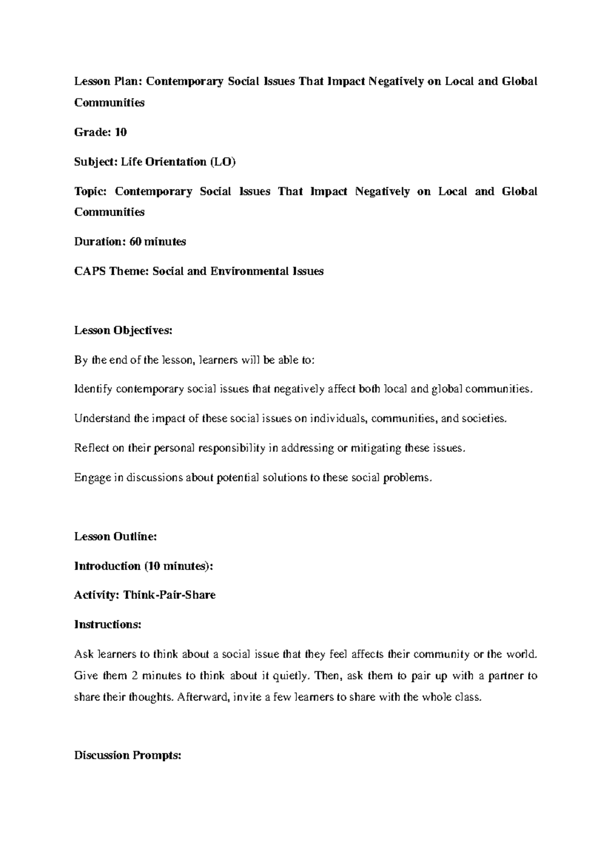 Grade 10 LO Lesson Plan: Addressing Contemporary Social Issues - Studocu