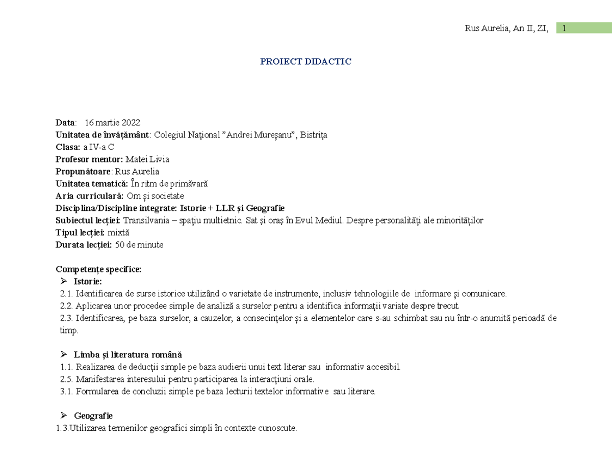 Proiect didactic Istorie 16 - Transilvania: Spațiu Multietnic în Evul ...