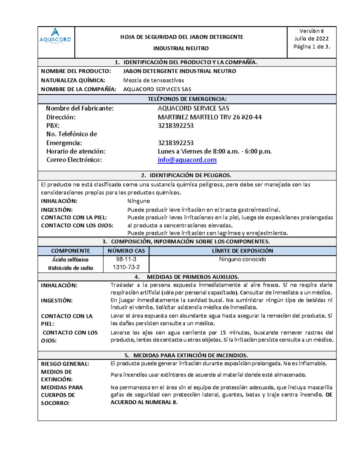 HS CC 94: Hoja de Seguridad del Jabón Detergente Neutro - Studocu