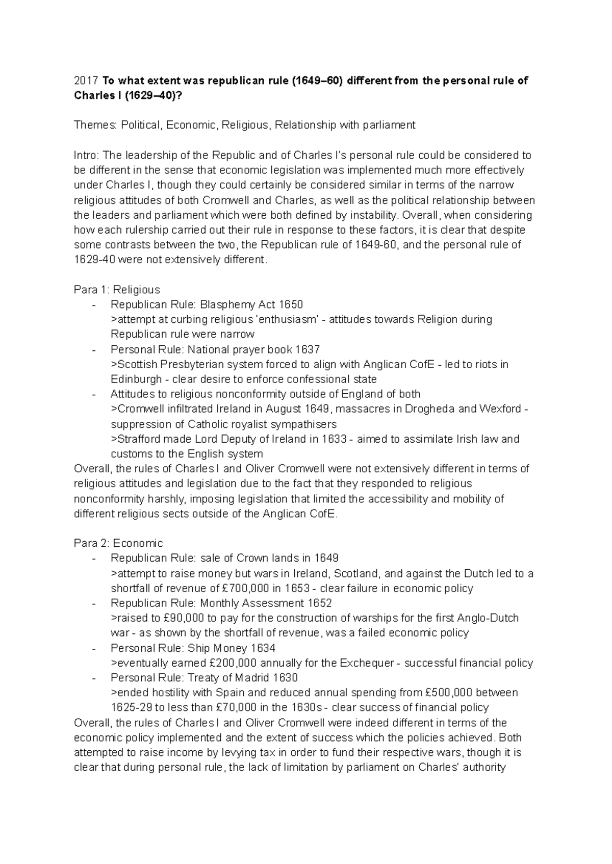 Comparative Analysis of Republican Rule (1649-60) vs. Personal Rule ...