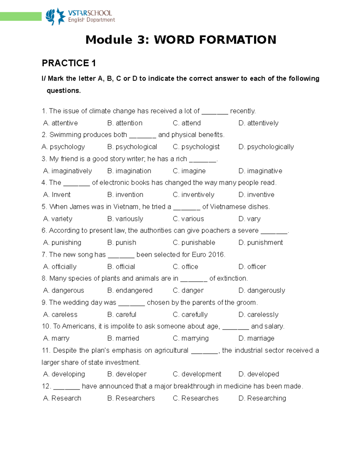 G12-M3: Word Formation Practice Exercises and Answers - Studocu