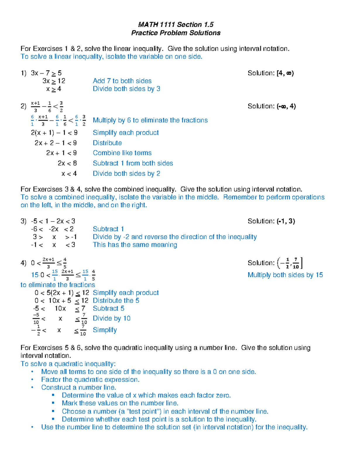 MATH 1111: Section 1.5 Practice Problem Solutions - Answer Key - Studocu