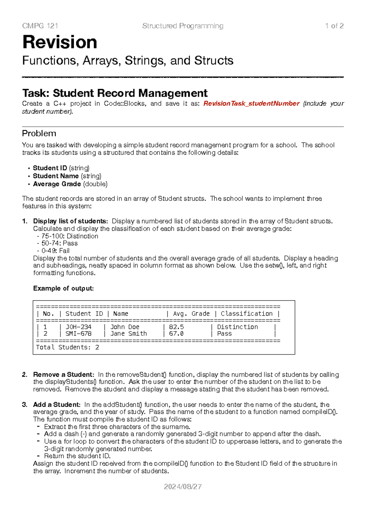 CMPG 121 Revision Task: Student Record Management Program - Studocu