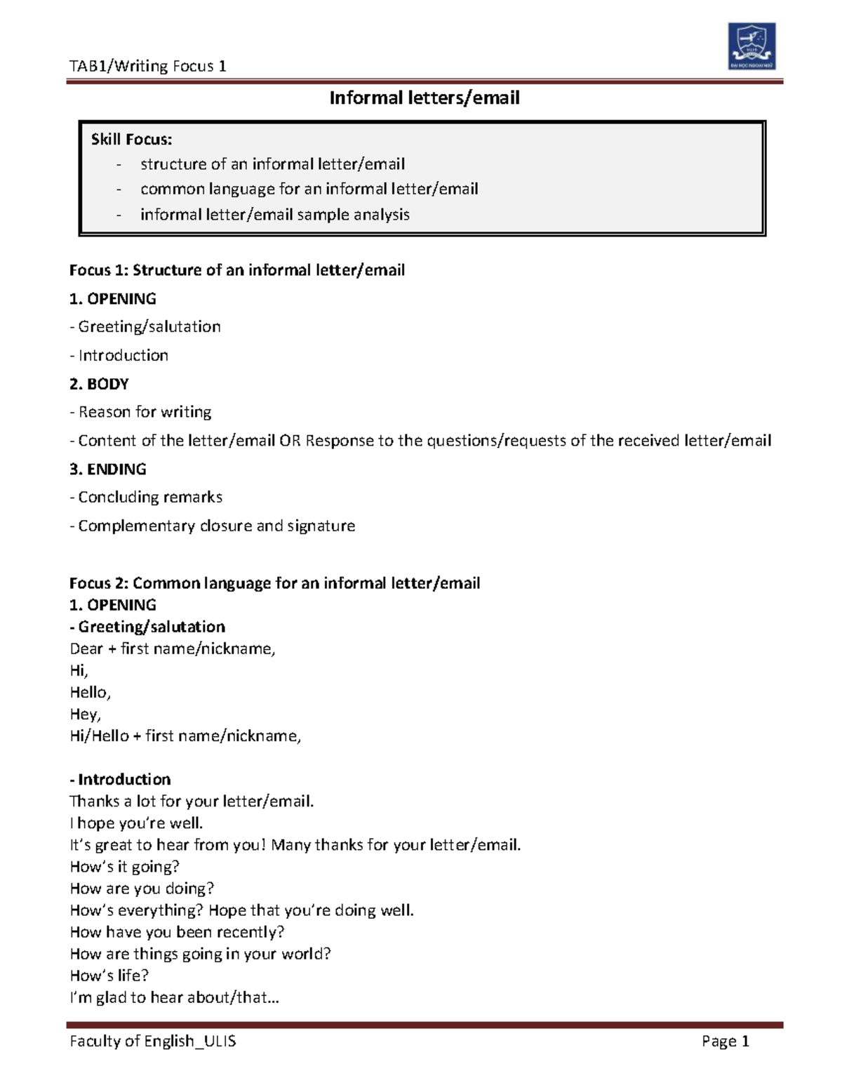 Focus 1: Informal Language Structure & Sample Analysis for Email ...