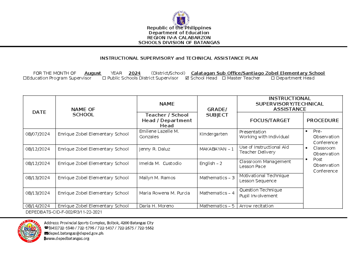 August 2024 Supervisory Plan for School Heads - DepEd Batangas - Studocu