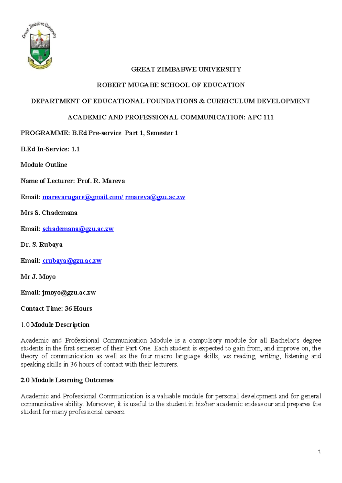 Academic and Professional Communication Module Outline (APC 111) - Studocu