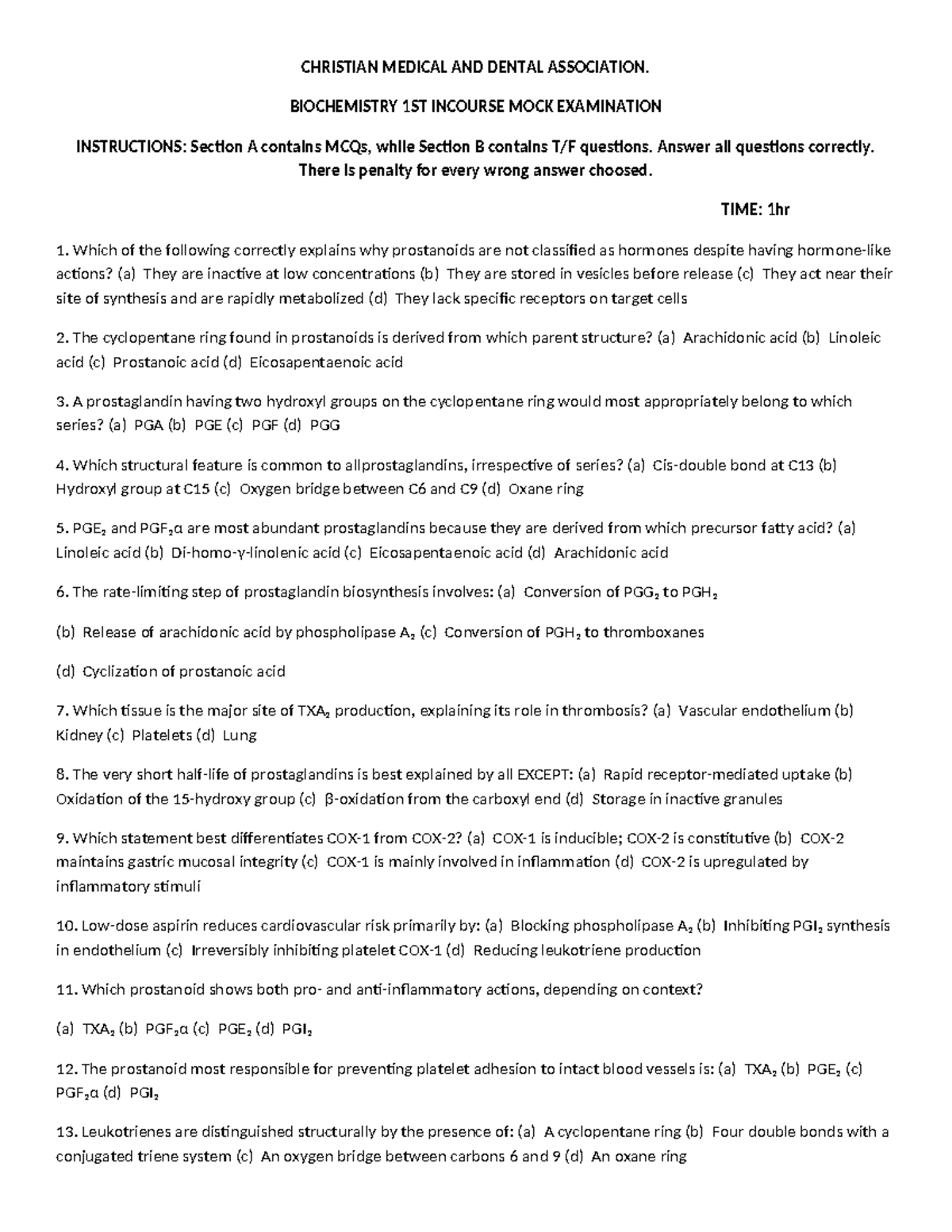 Biochemistry 1st In-Course Mock Exam Questions and Instructions - Studocu
