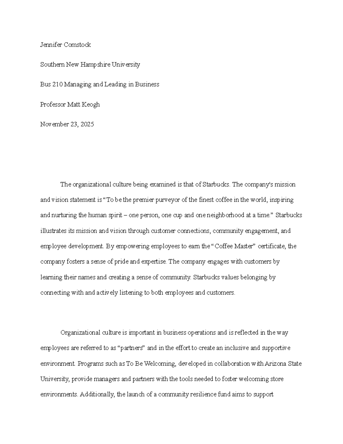 BUS 210 Module Four Journal: Analyzing Starbucks' Org Culture - Studocu