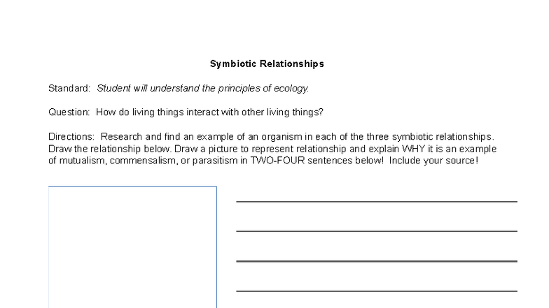 Symbiosis Activity 2025 - Symbiotic Relationships Standard: Student ...