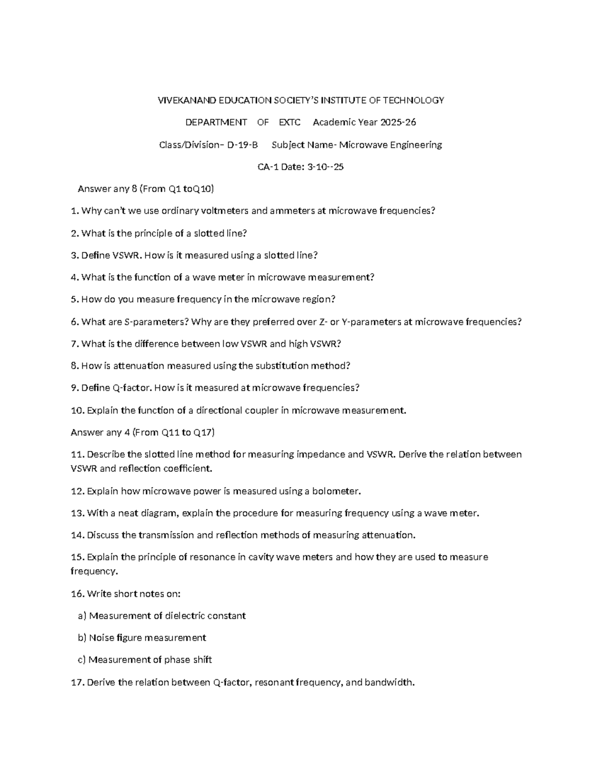 Microwave Engineering CA 2 D19B2025 2026 - Exam Questions & Answers ...