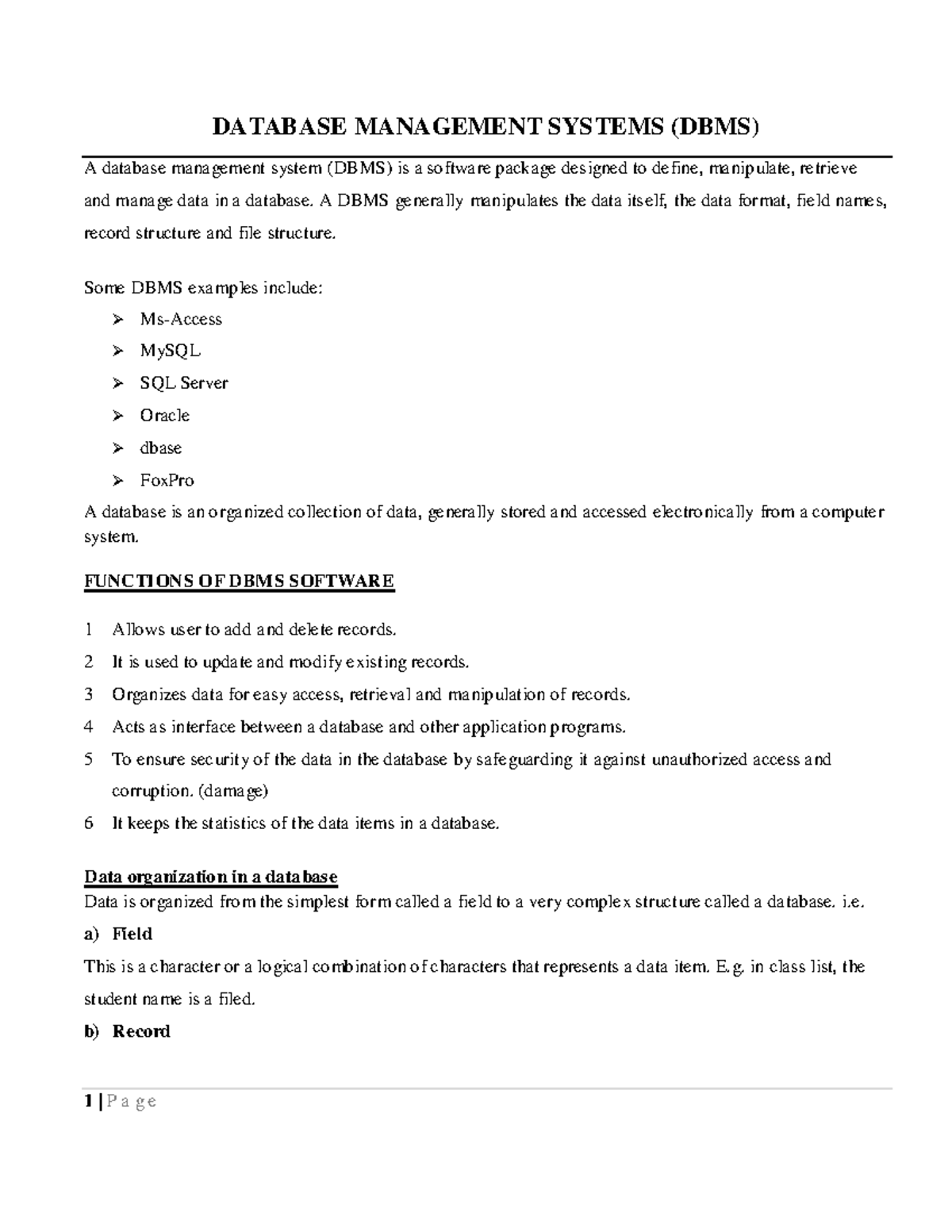 Database Management System(DBMS)-MS Access Notes - DATABASE MANAGEMENT ...