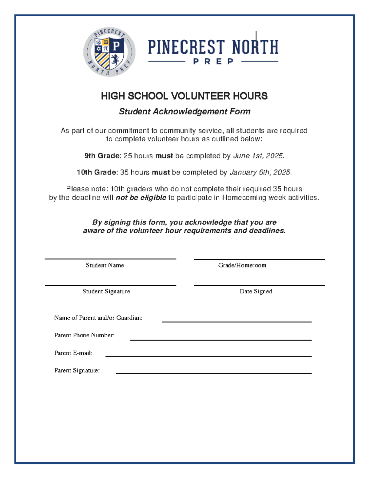 Volunteer Hours Acknowledgement Form - HIGH SCHOOL VOLUNTEER HOURS ...