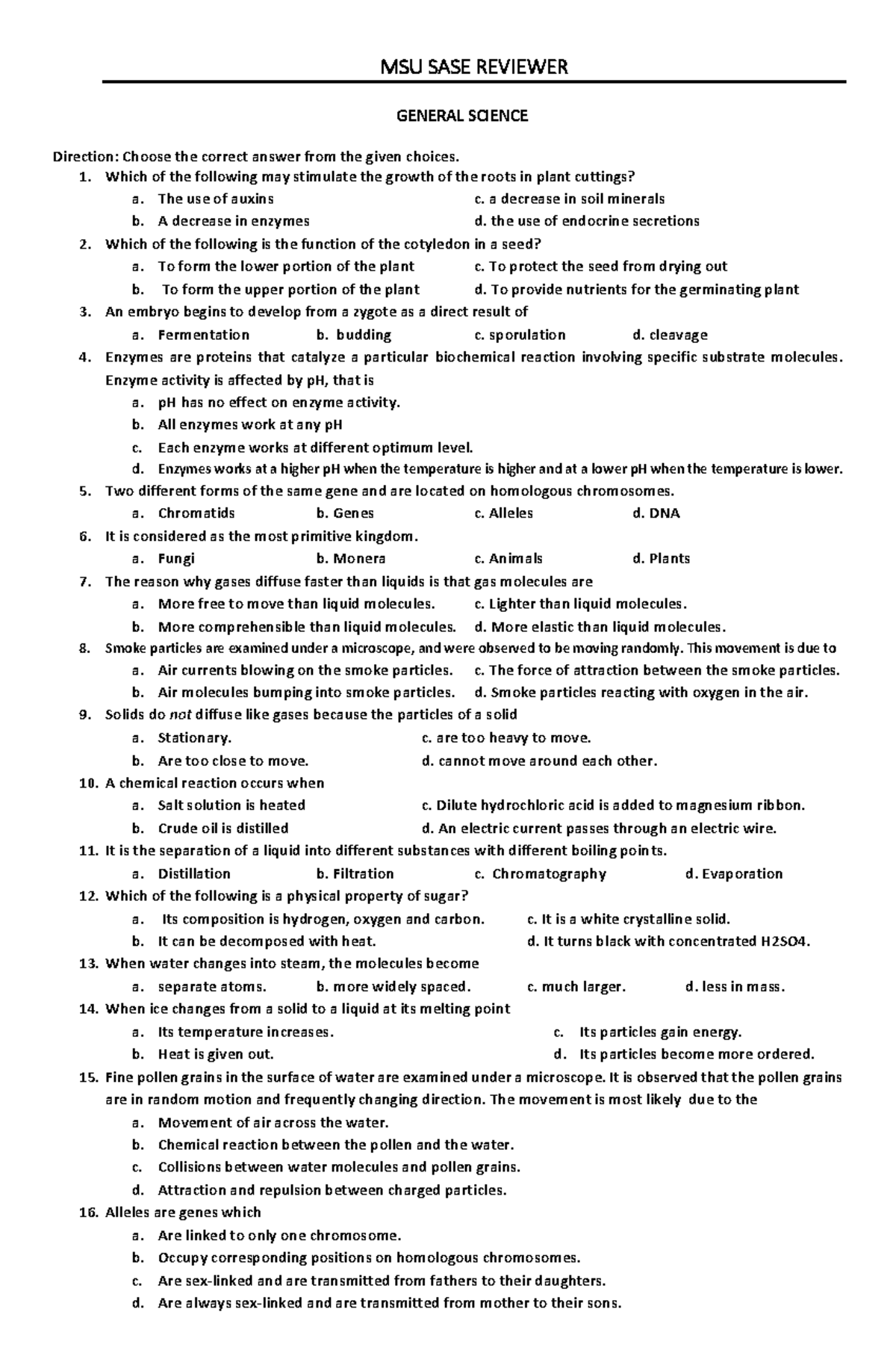 MSU SASE REVIEWER: GENERAL SCIENCE EXAM PREP - Studocu