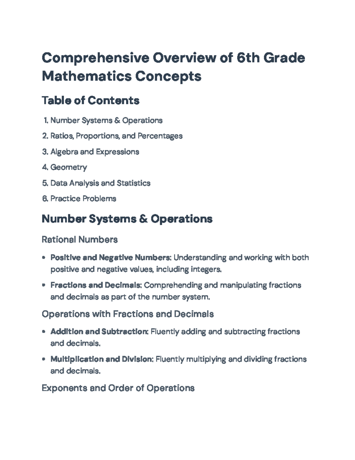 6th Grade Math Concepts Overview: Number Systems to Data Analysis ...