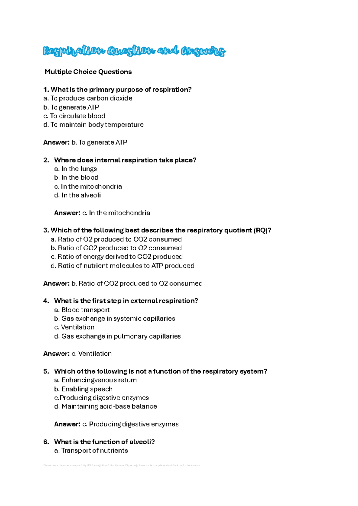 Respiration Questions & Answers for Human Physiology (MDR) - Studocu
