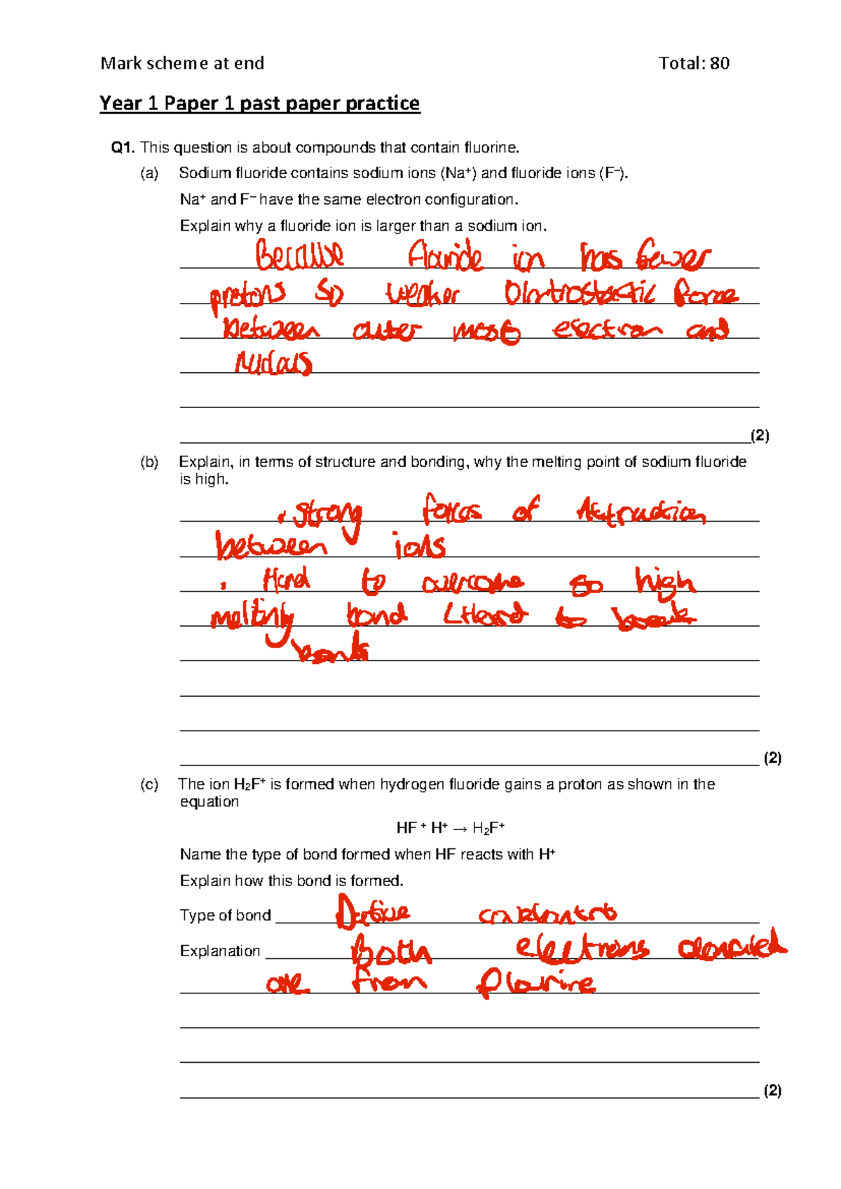 Year 1 Chemistry Paper 1 Past Exam Practice with Mark Scheme (2019 ...