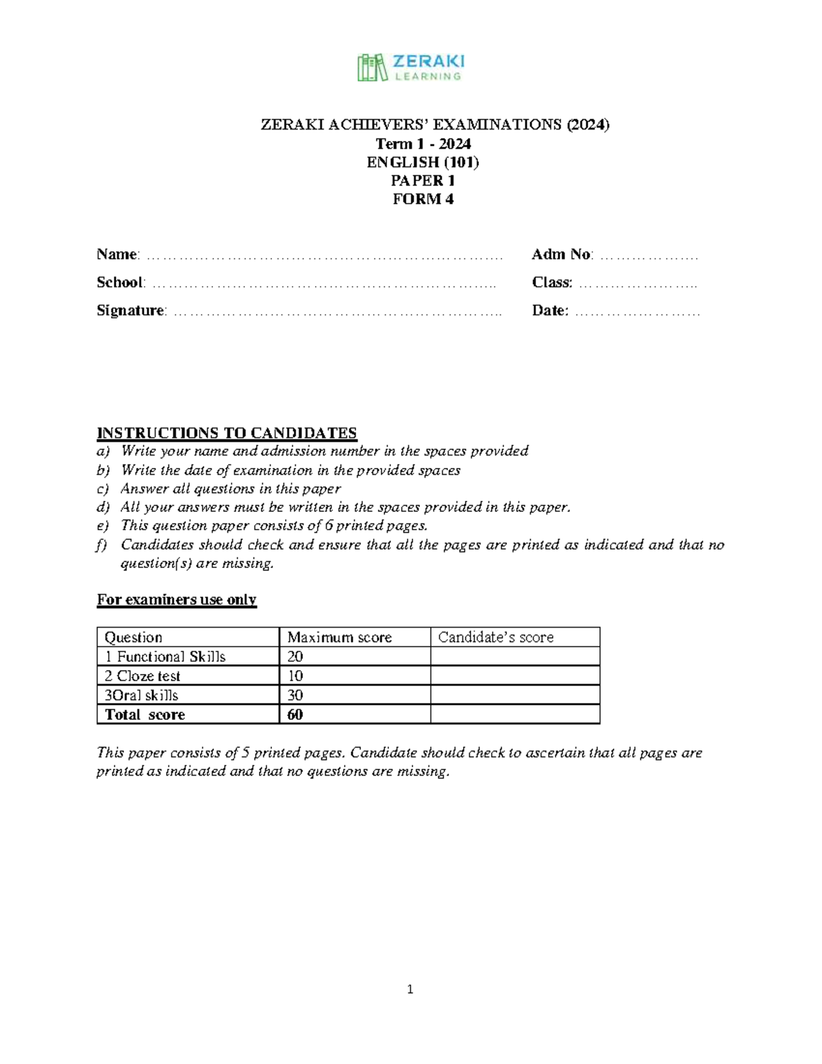 Zeraki Achievers 2024: Term 1 English (101) Paper 1 Exam Guide ...