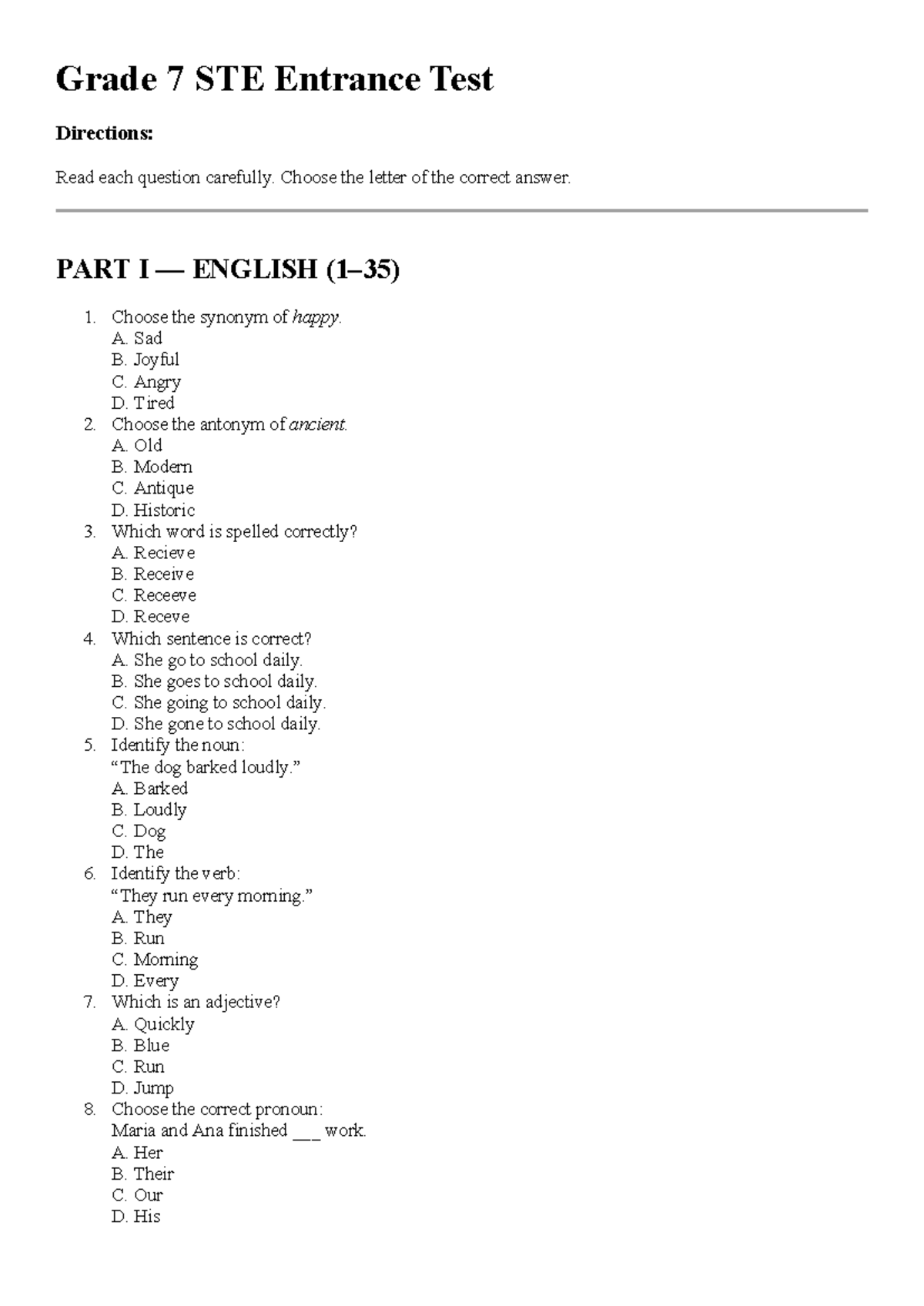 Grade 7 STE Entrance Test: English, Math, and Science MCQs - Studocu