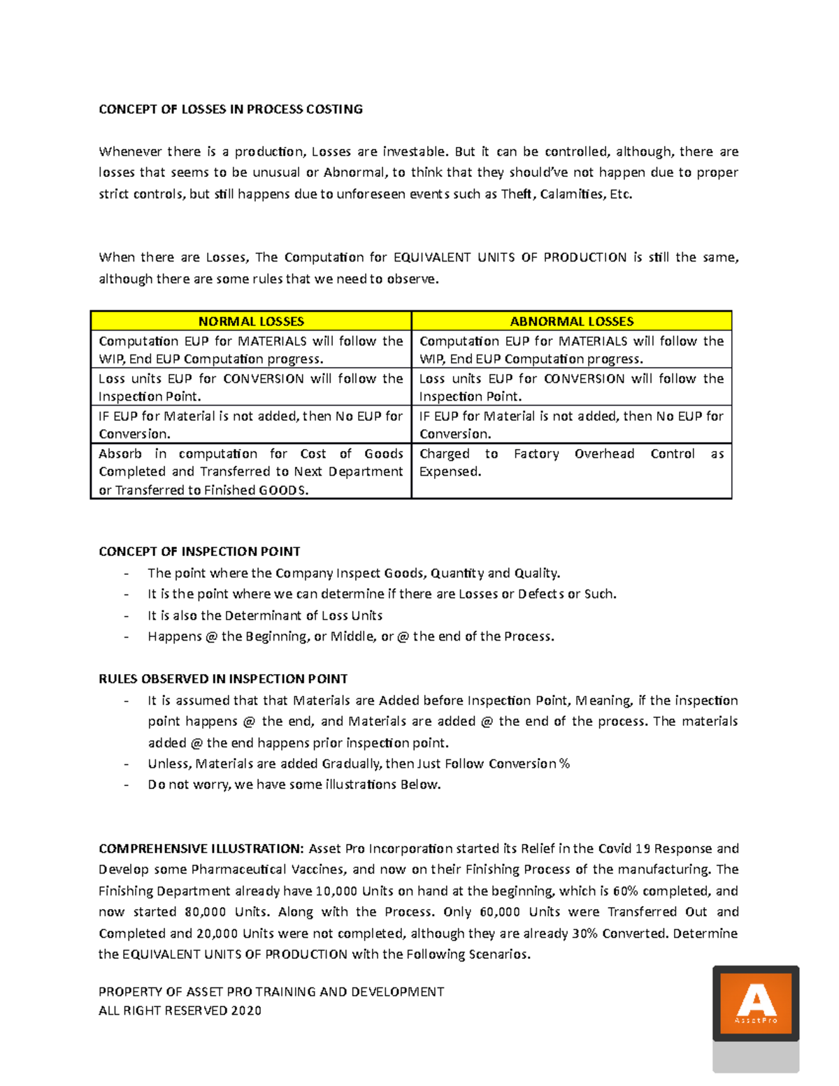 Process Costing: Understanding Losses and EUP Calculations - Studocu