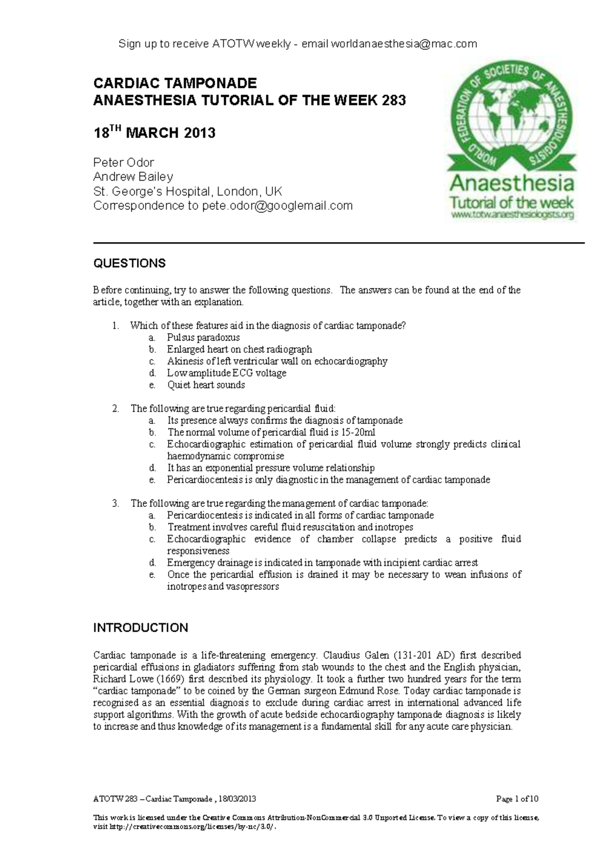 ATOTW 283 Cardiac Tamponade - Lecture Notes - Studocu