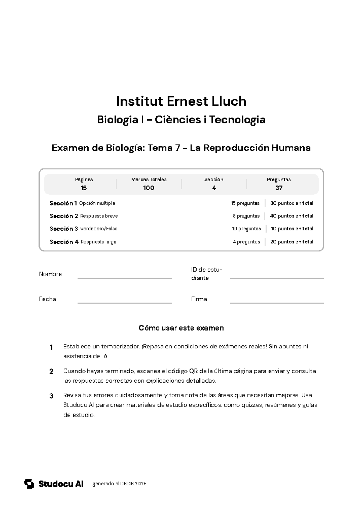 Examen de Biología: Tema 7 - La Reproducción Humana - Studocu