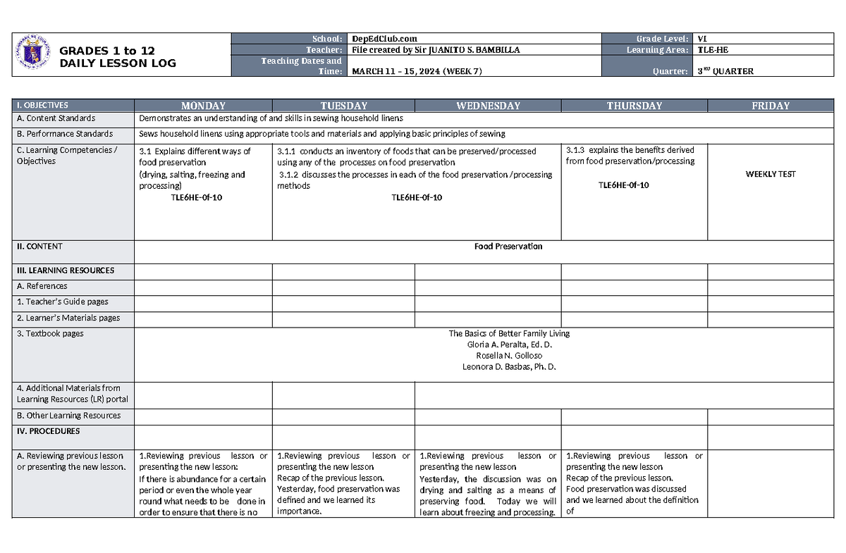 TLE-HE 6 Q3 Daily Lesson Log: Food Preservation (Week 7) - Studocu