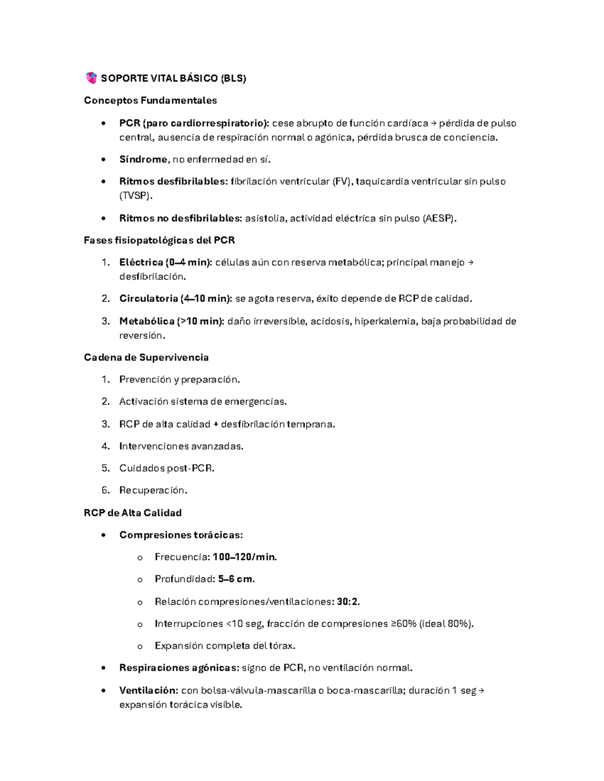 SOPORTE VITAL BÁSICO (BLS): Conceptos Clave y Manejo de PCR - Studocu