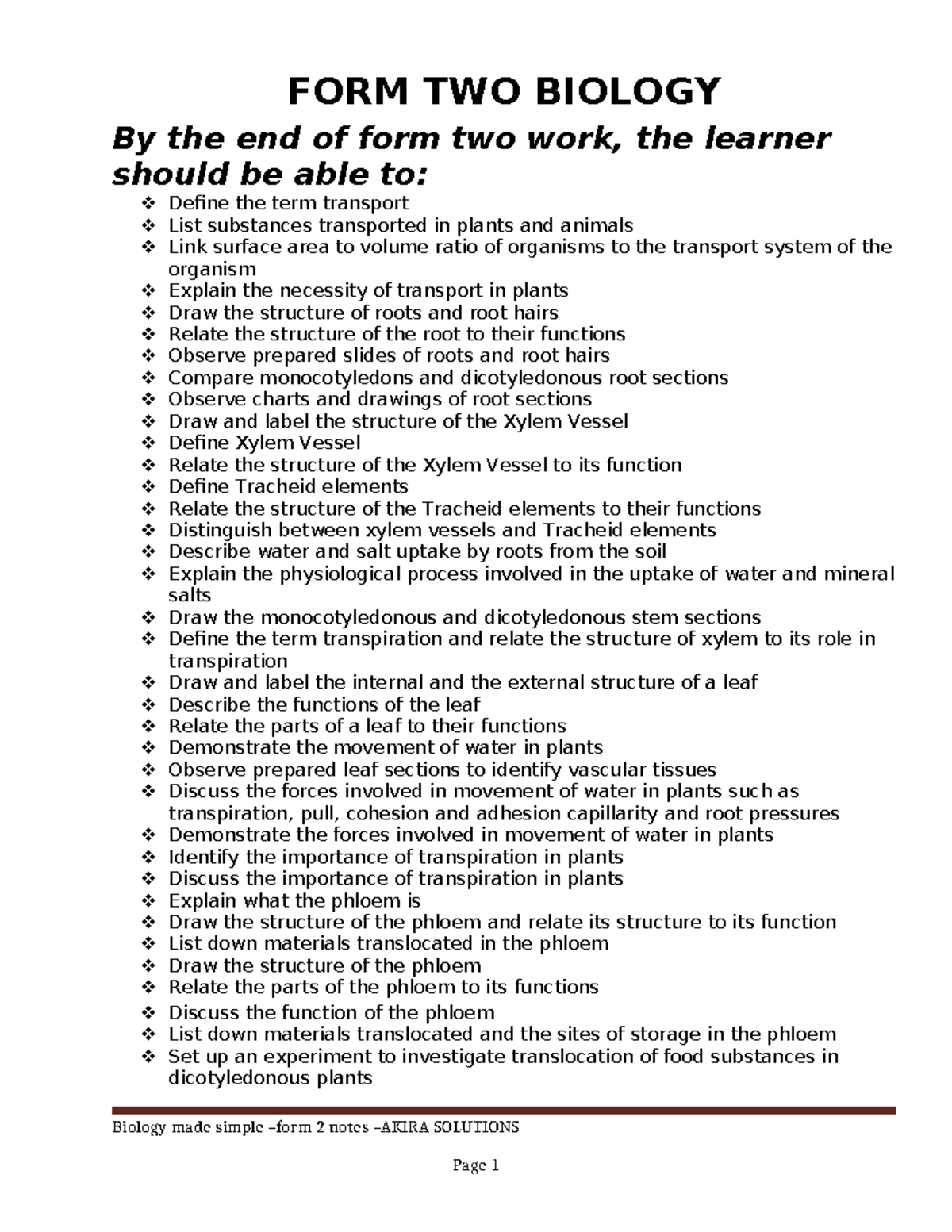 Biology applied - FORM TWO BIOLOGY By the end of form two work, the ...