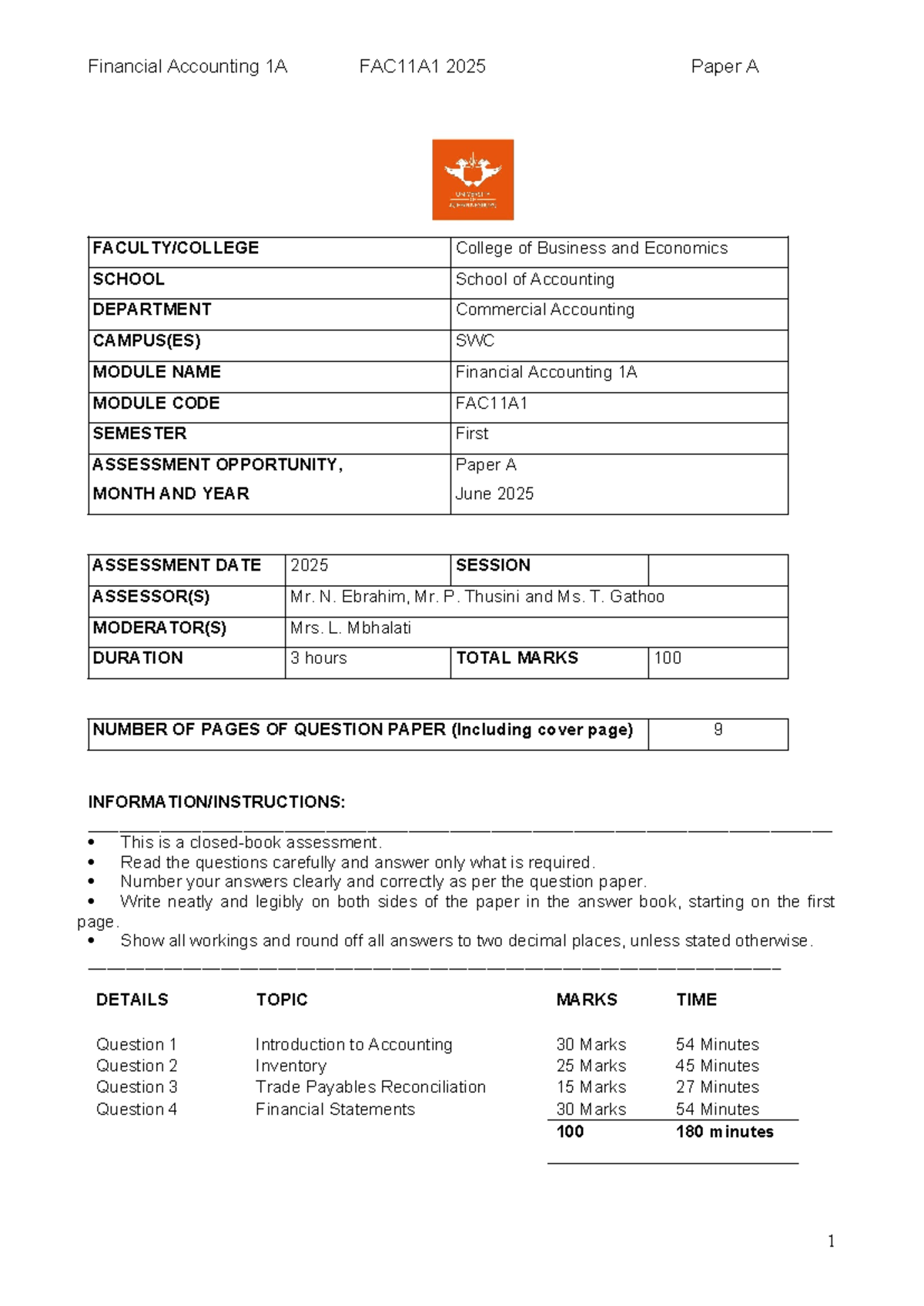 Financial Accounting 1A FAC11A1 2025 Paper A - Assessment Questions ...