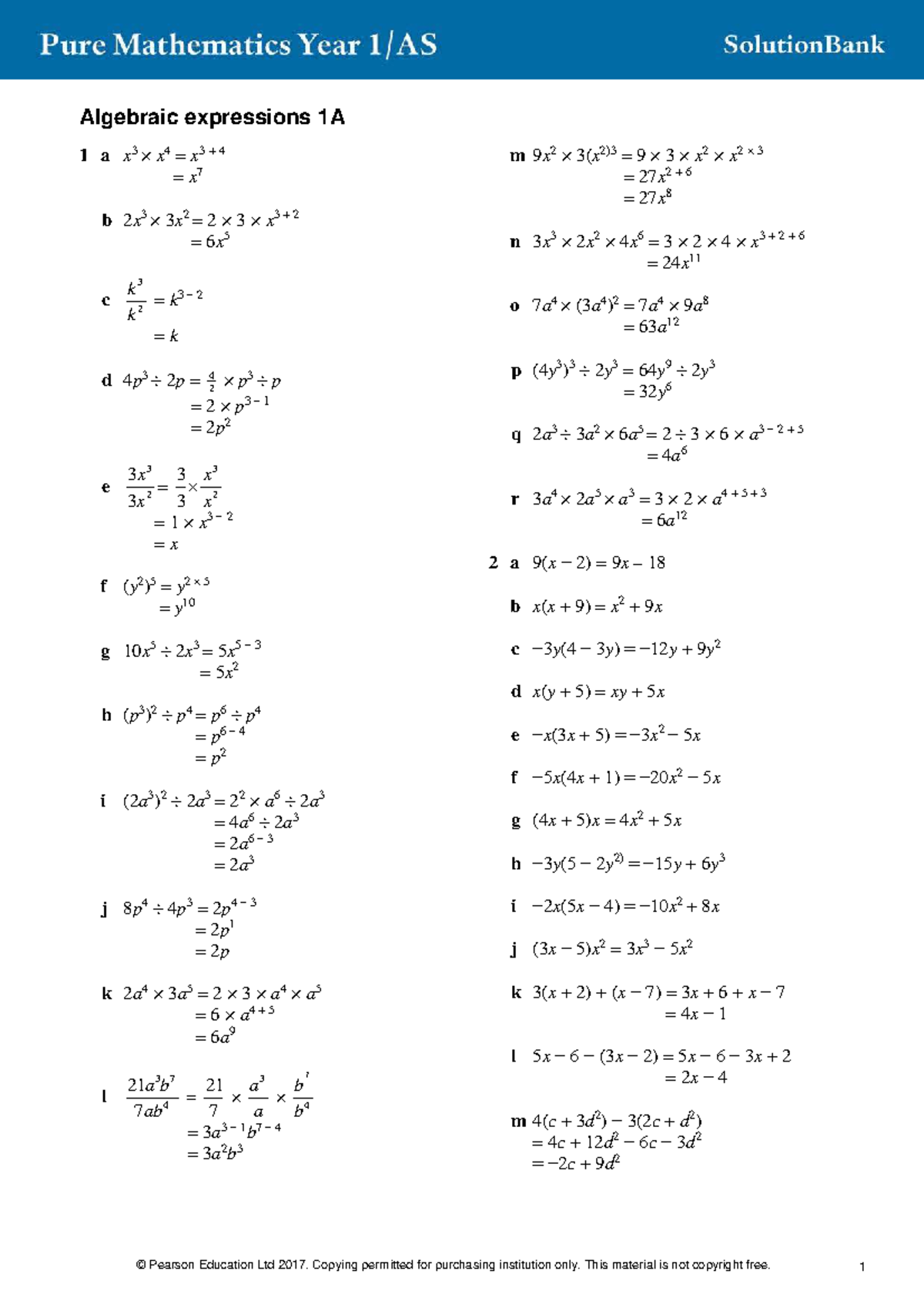 Algebraic Expressions 1A: A-Level Solutions for P1 Ex1A - Studocu