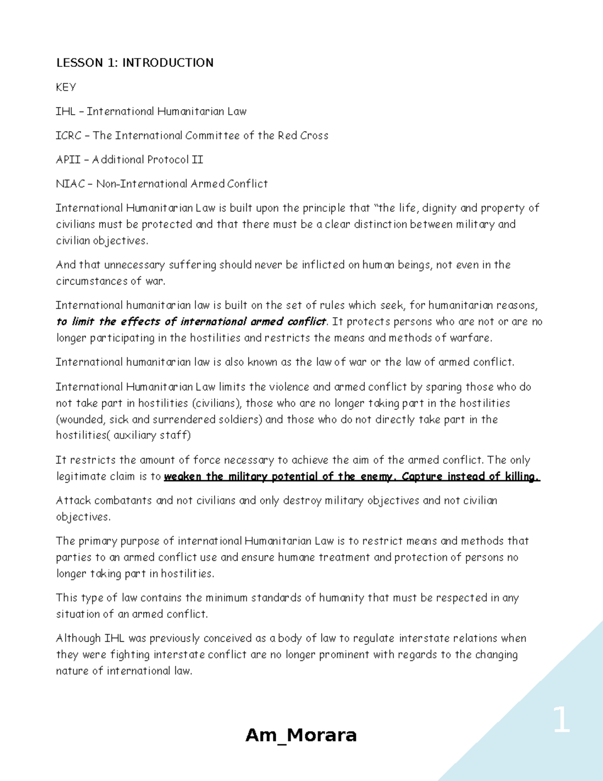 IHL 101: Lesson 1 Introduction to International Humanitarian Law Notes ...