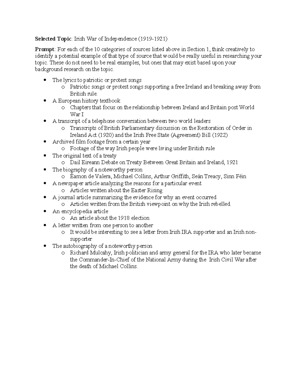 HIS 220 Module 1 Journal: Research Sources on Irish War of Independence ...