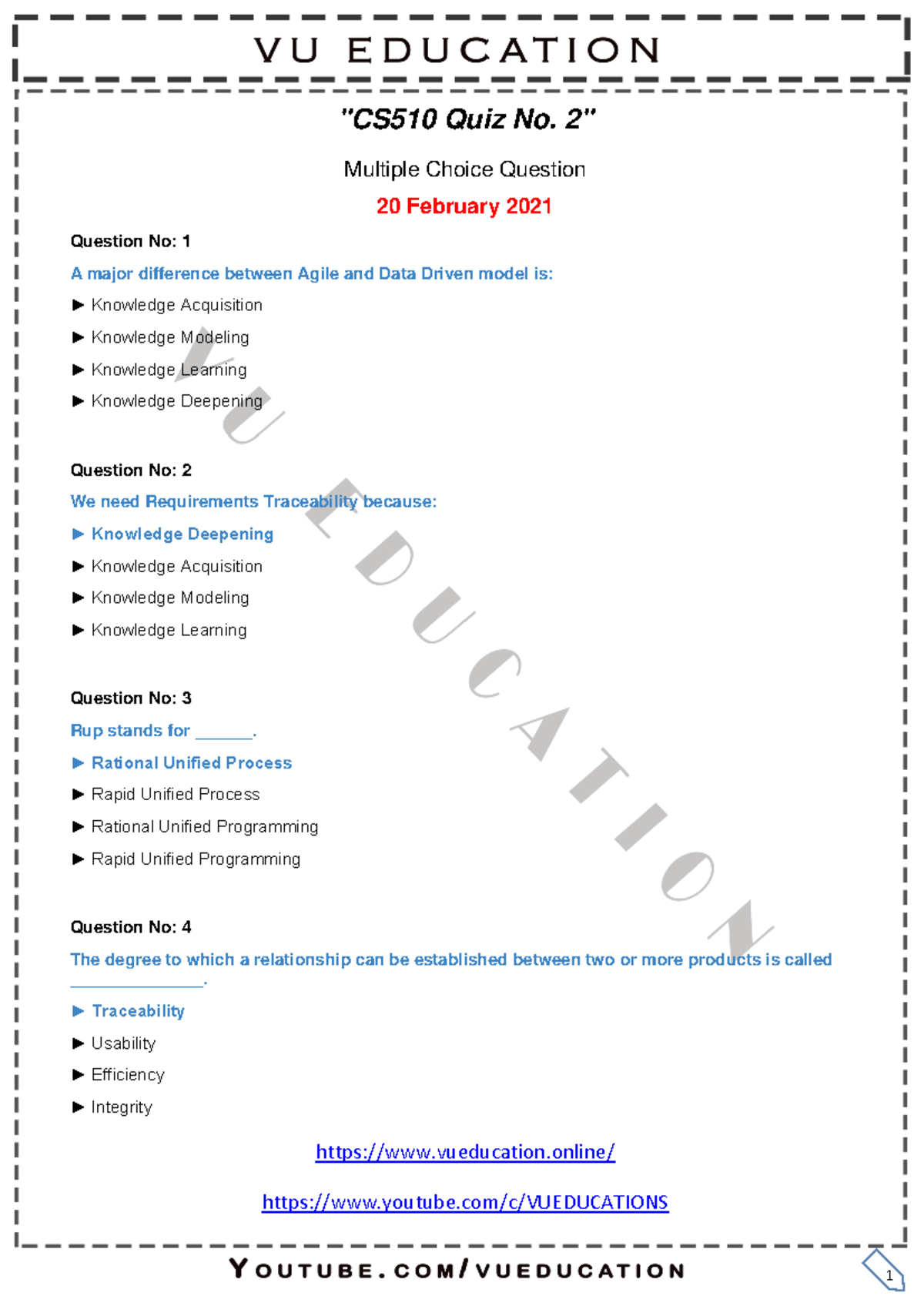 CS510 Quiz 1 and 2 Solved - "CS510 Quiz No. 2" Multiple Choice Question 20 February 2021 - Studocu