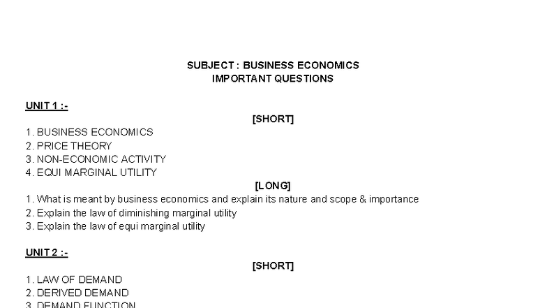 Business Economics Notes: Important Questions & Concepts (BE101) - Studocu