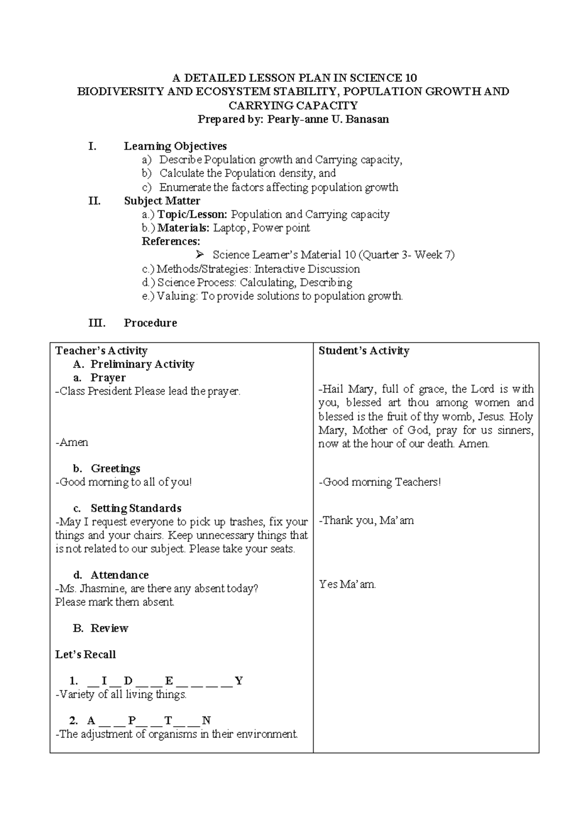 Science 10 Lesson Plan: Population Growth & Ecosystem Stability - Studocu