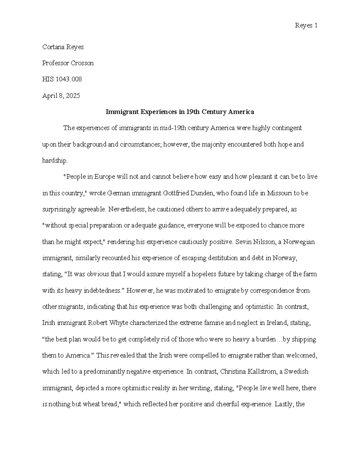HIS 1043.008 Final Exam: Immigrant Experiences in 19th Century America ...