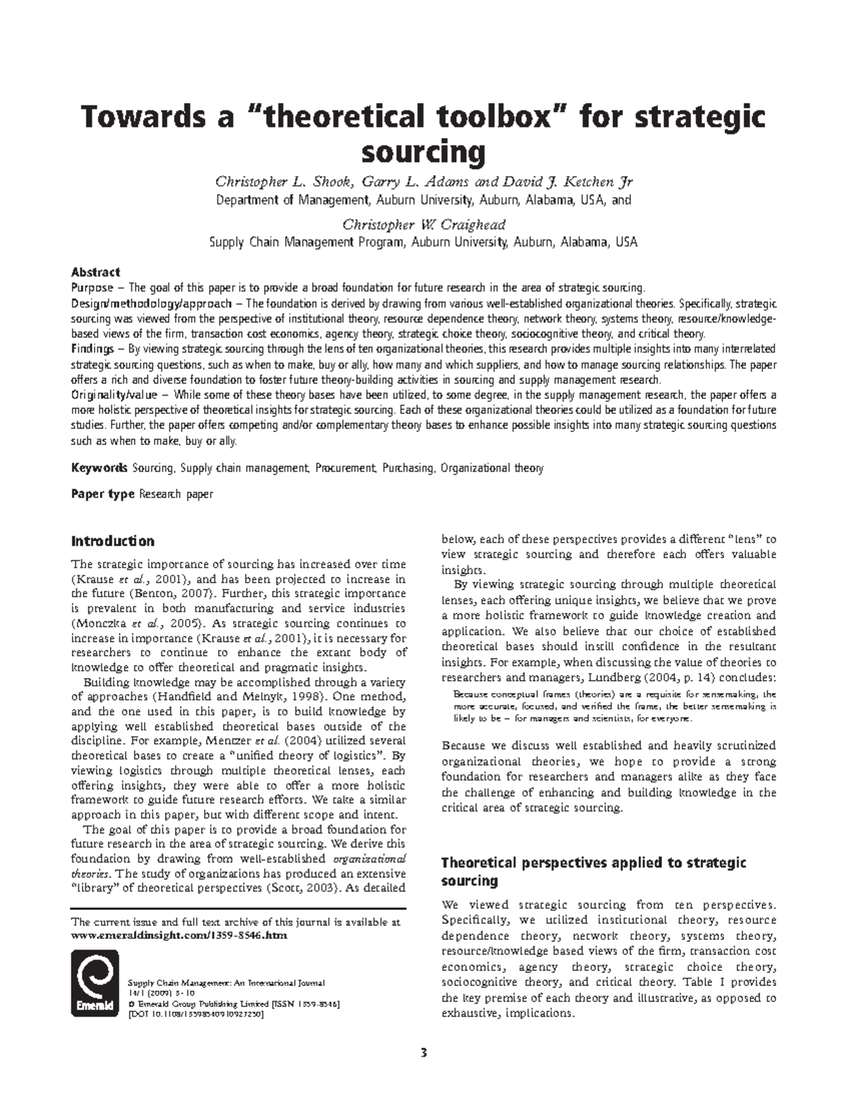Theory Toolbox for Strategic Sourcing: Insights from Ten Theories - Studocu