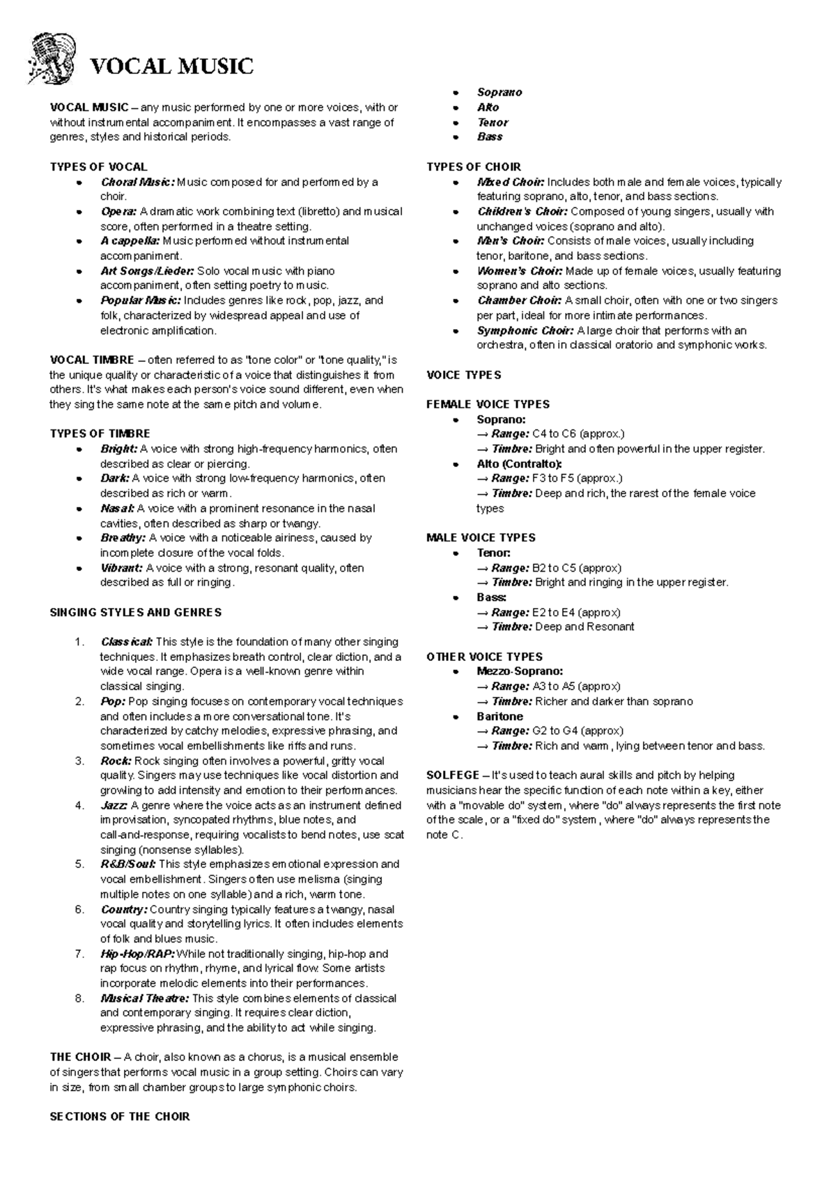 Vocal Music Overview: Types, Timbre, and Singing Styles - Studocu