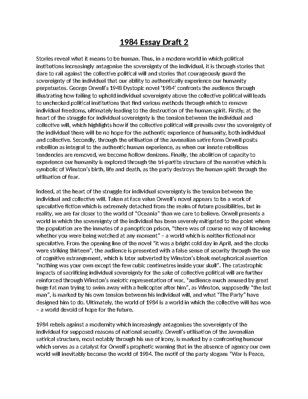 1984 Essay Draft 2: Exploring Individual Sovereignty in Orwell's ...