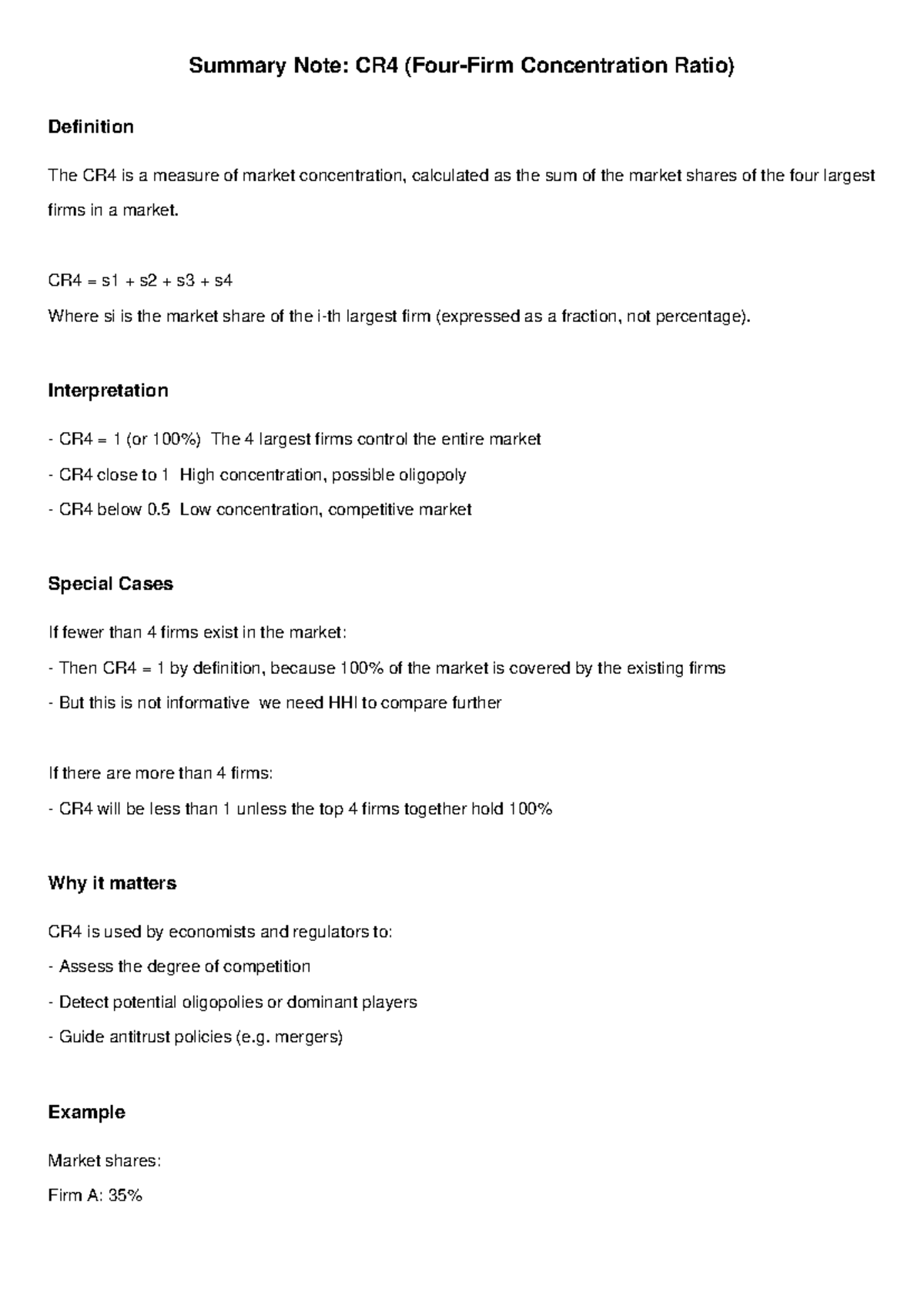 CR4 Summary Note: Understanding Market Concentration Ratio - Studocu
