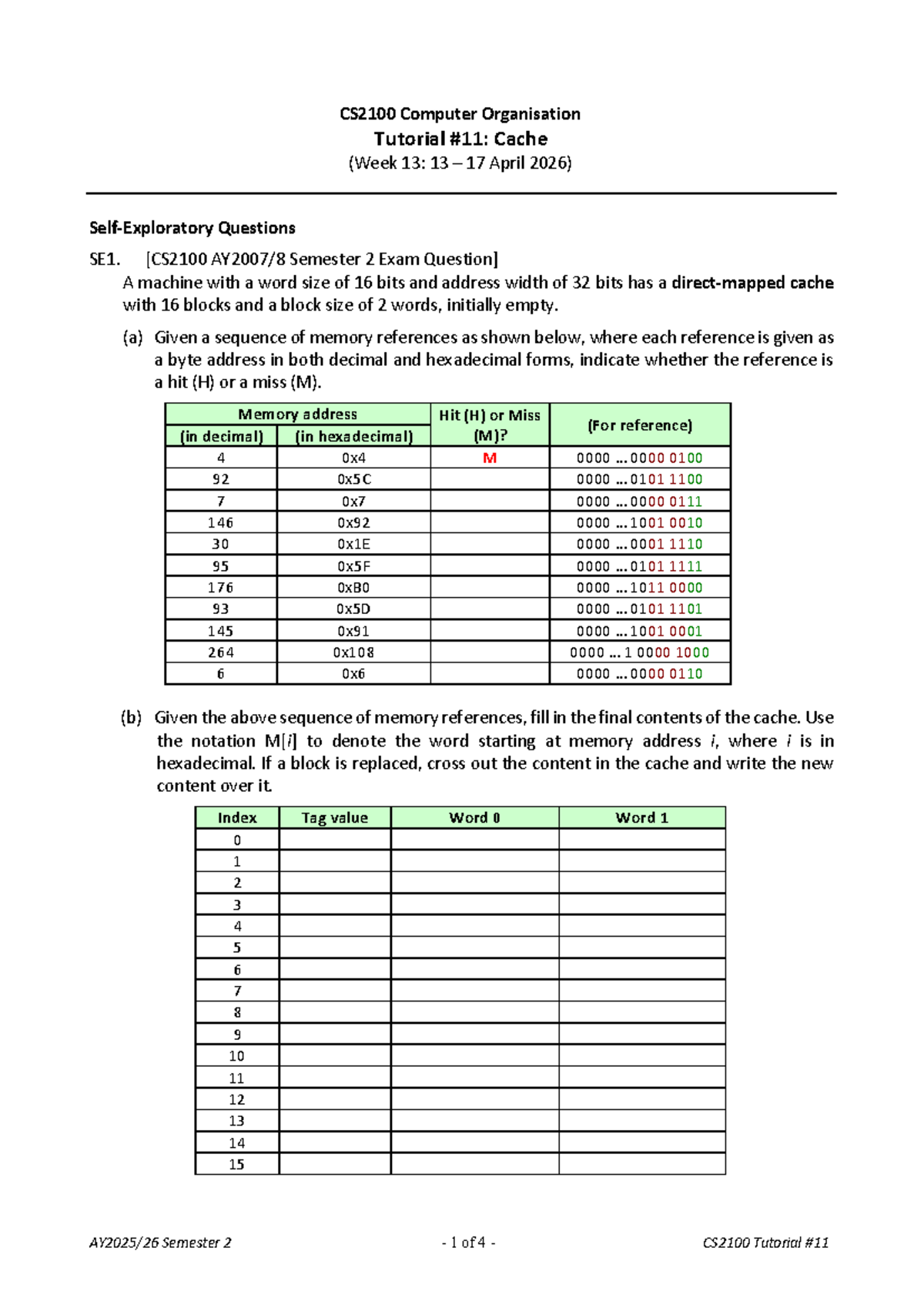 CS2100 Semester 2 Tutorial 11 Questions on Cache Memory Systems - Studocu