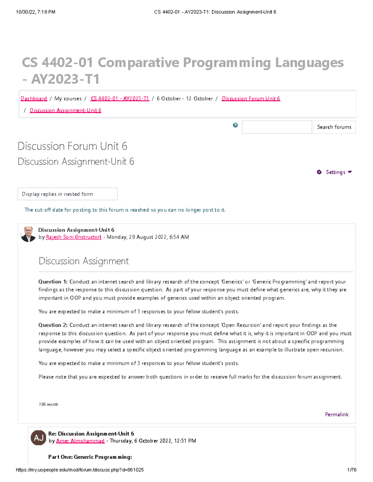CS 4402-01 - AY2023-T1 Discussion Assignment-Unit 6 - CS 4402-01 Comparative Programming ...