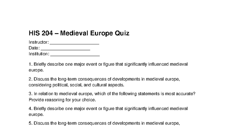 HIS 204 Medieval Europe Quiz 2: Key Events and Influences - Studocu
