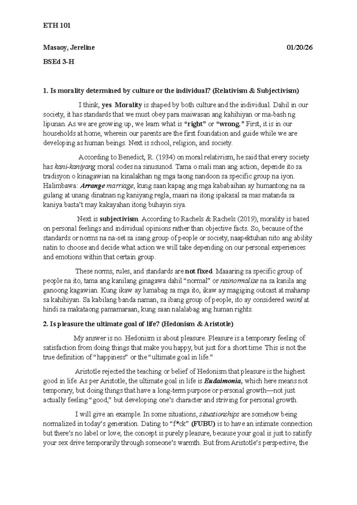 ETH 101 Final Exam: Morality, Pleasure, and Universal Truths - Studocu