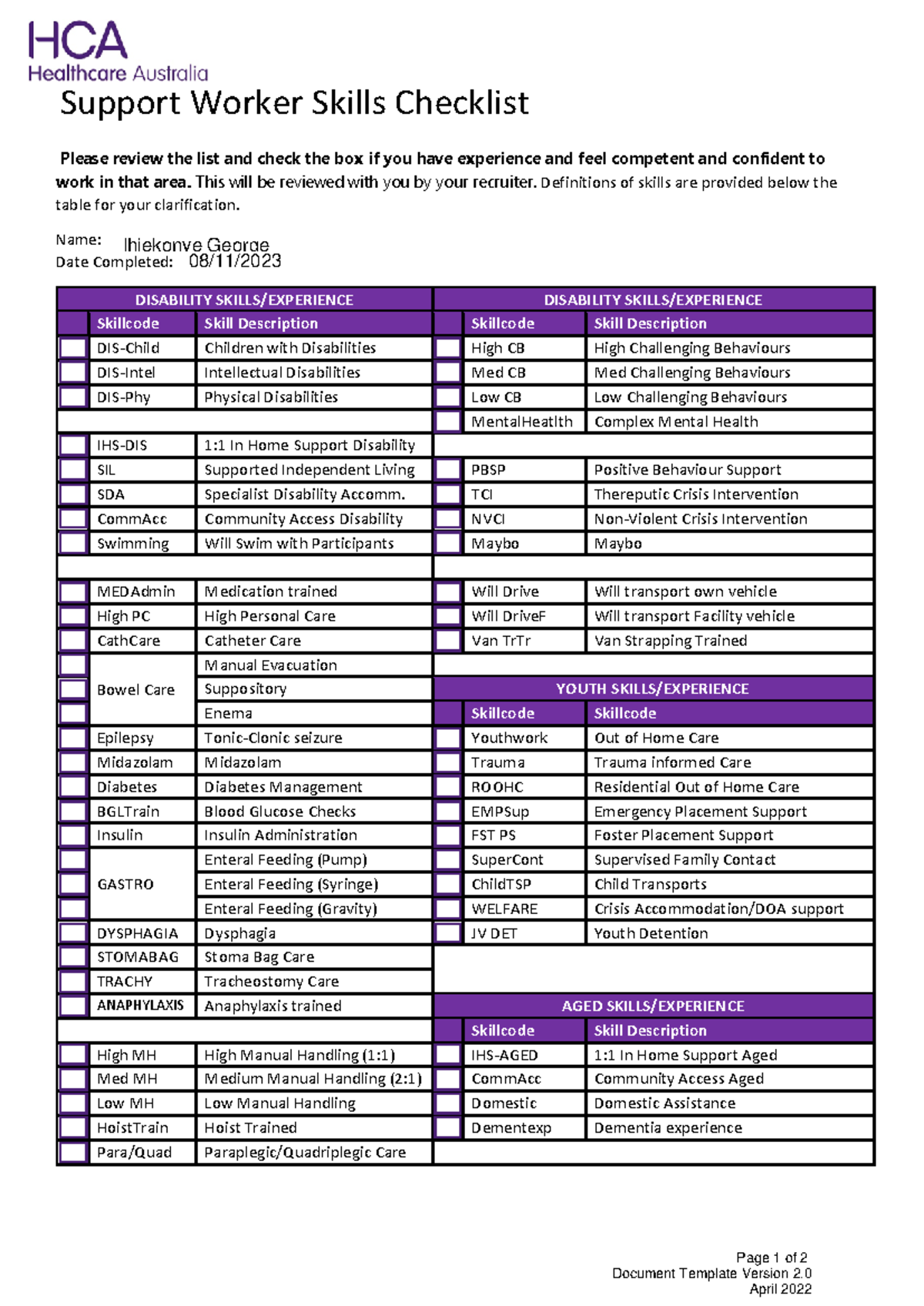 HCA Support Worker Skills Checklist: Essential Competencies Overview ...
